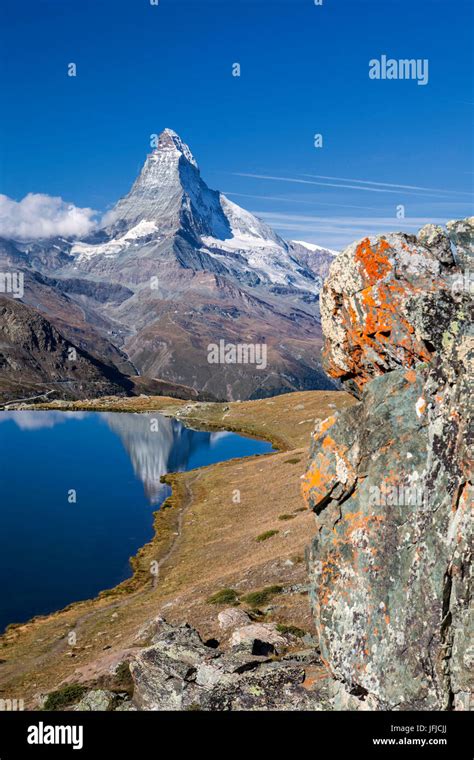 The Tip Of The Matterhorn Is Reflected In Stellisee Hi Res Stock