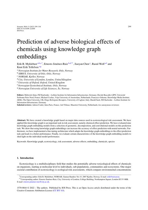 Pdf Prediction Of Adverse Biological Effects Of Chemicals Using Knowledge Graph Embeddings
