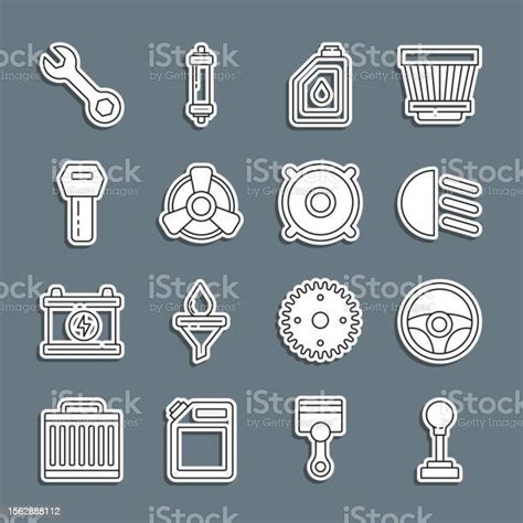 세트 라인 기어 시프터 스티어링 휠 하이빔 엔진 오일용 캐니스터 자동차 환풍기 리모컨이 있는 키 렌치 스패너 및 오디오 스피커 아이콘 벡터 가솔린에 대한 스톡 벡터 아트 및