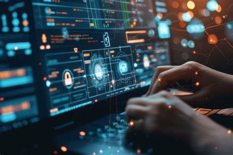 Hands Typing On Laptop With Cybersecurity Interface Stock Illustration