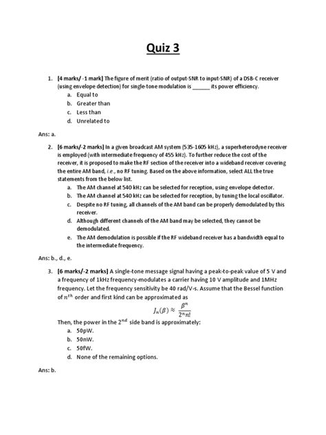 Quiz 3 Questions Pdf Bandwidth Signal Processing Broadcast