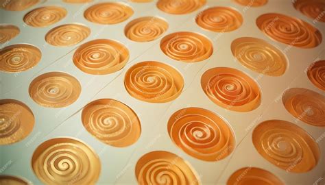 A textured wall features rows of golden spirals set against a white background creating a sense ...