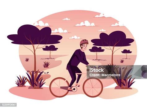 가을 공원에서 자전거를 타는 남자 고립 된 장면 남자는 자연 심장 운동과 건강한 라이프 스타일에서 자전거를 타고 가을 의 풍경과 계절 활동 플랫 만화 디자인의 벡터