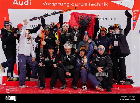 Albanias Lara Colturi Center Celebrates With The Team After Taking Second Place In An Alpine