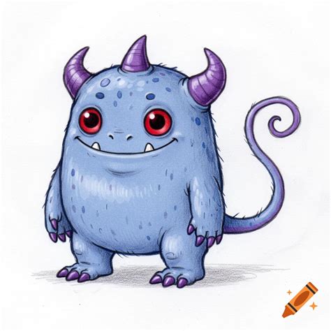 A Cute Blue Round Monster With Red Eyes Purple Horns Two Sharp