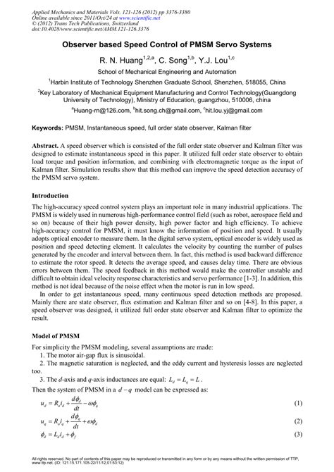 Pdf Observer Based Speed Control Of Pmsm Servo Systems