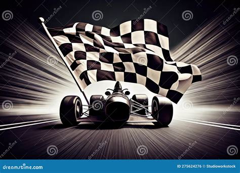Racing Car Speeding Past The Checkered Flag Crossing Finish Line