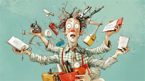 individual with multiple hands overwhelmed with multitasking various activities stock