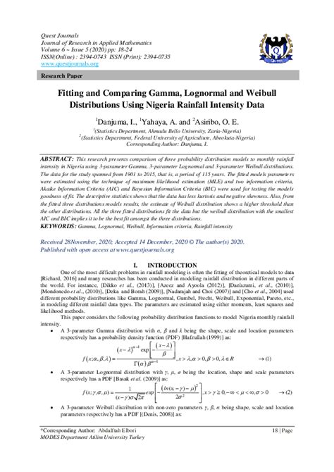 Pdf Fitting And Comparing Gamma Lognormal And Weibull Distributions Using Nigeria Rainfall