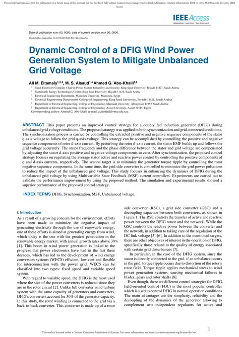 Pdf Dynamic Control Of A Dfig Wind Power Generation System To Mitigate Unbalanced Grid Voltage