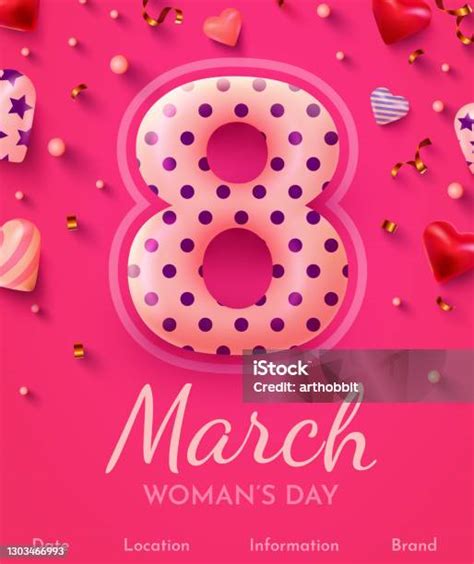 해피 우먼스 데이 인사말 카드 귀여운 하트와 황금 색종이와 3 월 8 일 현대 배경 디자인 0명에 대한 스톡 벡터 아트 및 기타