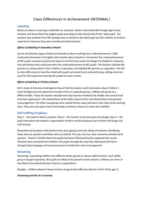 Class Differences In Achievemen Internal Class Differences In