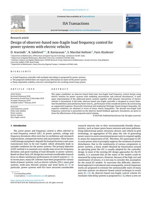 Pdf Design Of Observer Based Non Fragile Load Frequency Control For Power Systems With