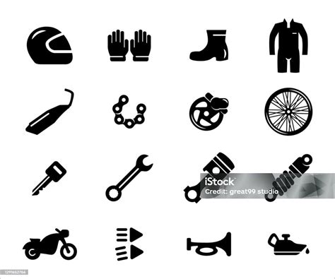 오토바이 워크샵 관련 벡터 아이콘 사용자 인터페이스 그래픽 디자인의 간단한 세트 헬멧 장갑 신발 레이싱 슈트 체인 배기 피스톤