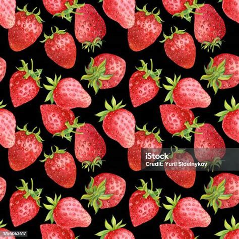 검은색 배경에 딸기 배경입니다 여름 덮개 식물 벽지 패턴 제품 포장 섬유를 위한 잘 익은 붉은 열매의 수채화 매끄러운 질감 과일에 대한 스톡 벡터 아트 및 기타 이미지
