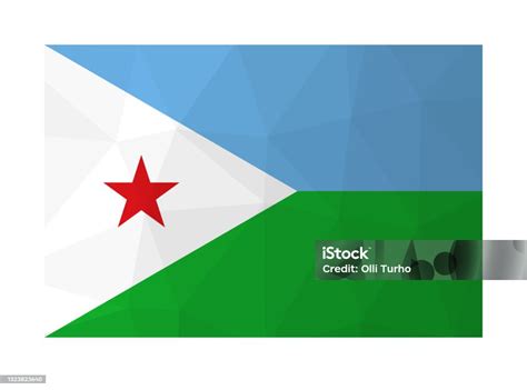 벡터 격리 된 그림입니다 지부티의 공식 상징 붉은 별과 흰색 파란색 녹색 배경 국기 삼각형 모양의 낮은 폴리 스타일의 창조적 인 디자인 그라데이션 효과 개념에 대한 스톡