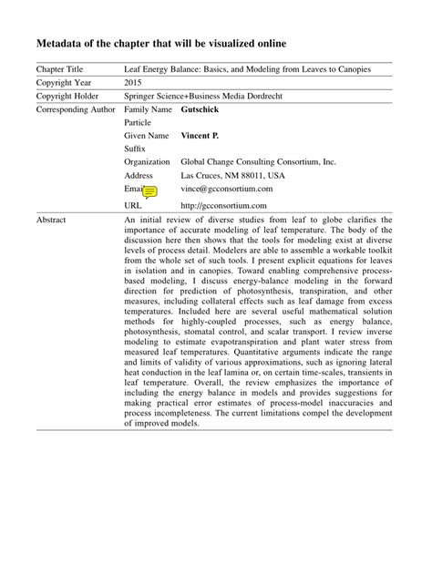 Pdf Leaf Energy Balance Basics And Modeling From Leaves To Canopies