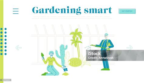 문자 성장 심기 및 정원 온실 방문 페이지 템플릿에서 식물의 배려 나무와 꽃을 물을 사람들 토양을 파고 비료를 살포 농업 취미 선형 벡터 일러스트레이션 개념에 대한 스톡