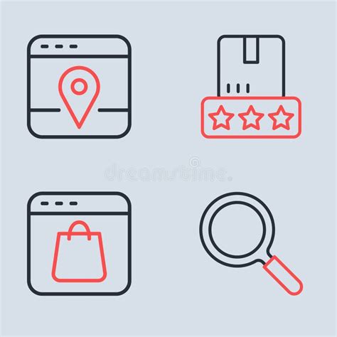Set Line Consumer Product Rating Online Shopping Screen Magnifying Glass And Infographic Of