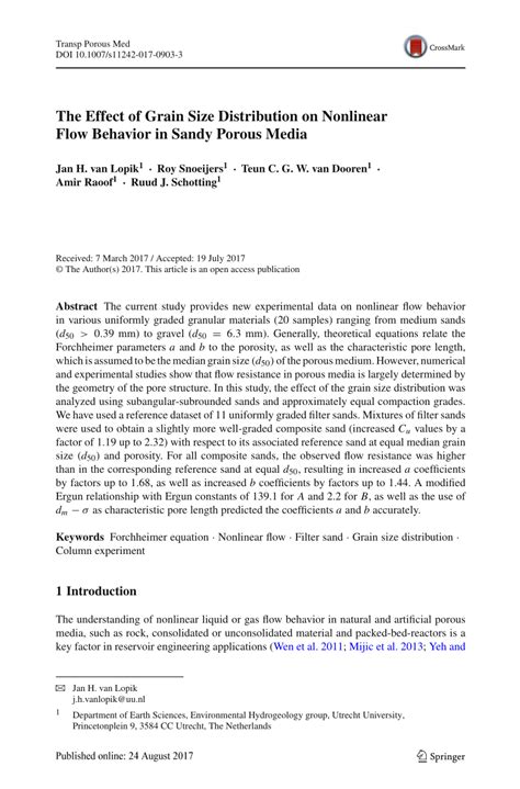 Pdf The Effect Of Grain Size Distribution On Nonlinear Flow Behavior In Sandy Porous Media
