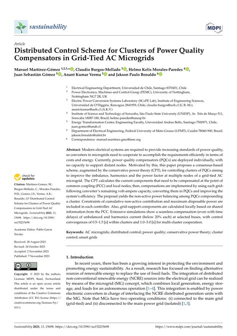 PDF Distributed Control Scheme For Clusters Of Power Quality Compensators In Grid Tied AC