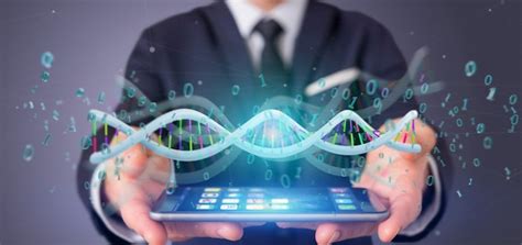 premium photo businessman holding a 3d rendering data coded dna with