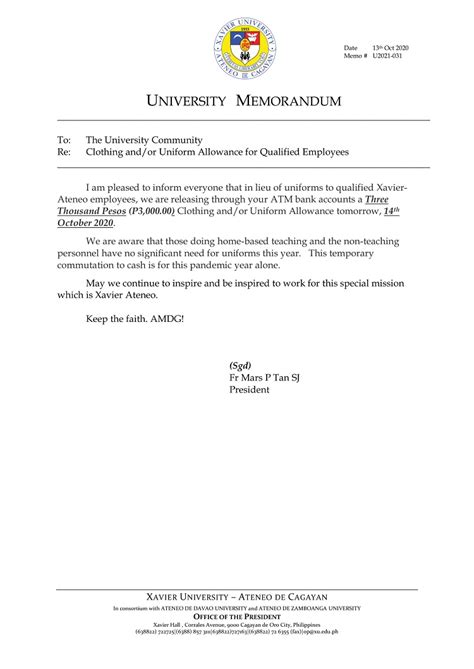 Xavier University Memo U Clothing Uniform Allowance For Qualified Employees