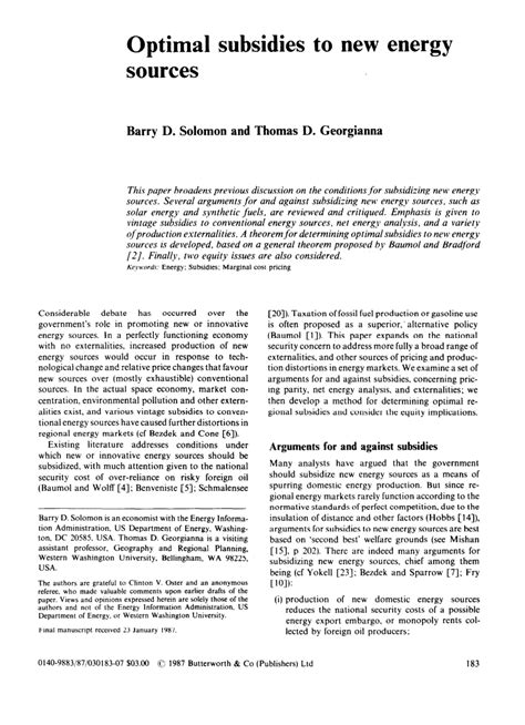 Pdf Optimal Subsidies To New Energy Sources