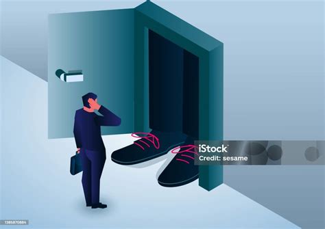 사업가의 성공의 문은 거인의 발 성공으로가는 길의 장애물과 어려움에 의해 차단됩니다 좌절에 대한 스톡 벡터 아트 및 기타 이미지 좌절 입구 건축물 특징 문 Istock