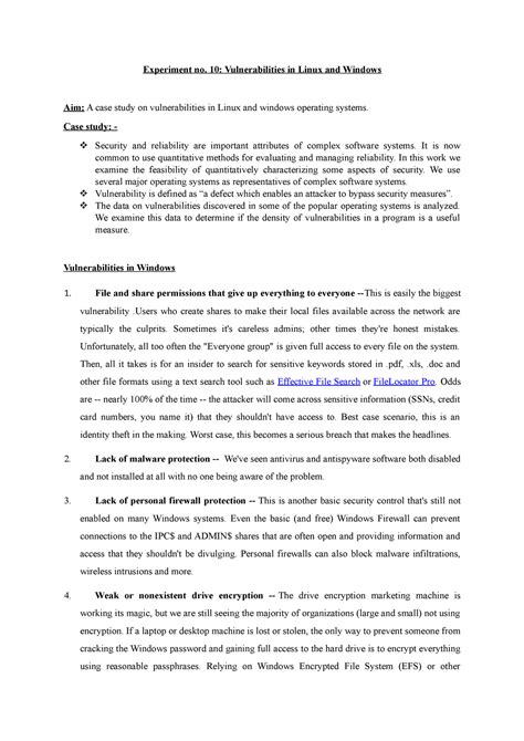 Experiment No10 Exp 10 Experiment No 10 Vulnerabilities In Linux