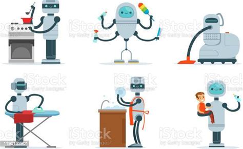 만화 로봇은 집 주위를 도와줍니다 벡터 일러스트레이션 로봇에 대한 스톡 벡터 아트 및 기타 이미지 로봇 가사 집안일 국자 Istock