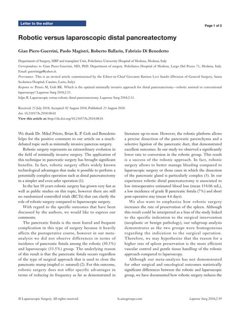 Pdf Robotic Versus Laparoscopic Distal Pancreatectomy