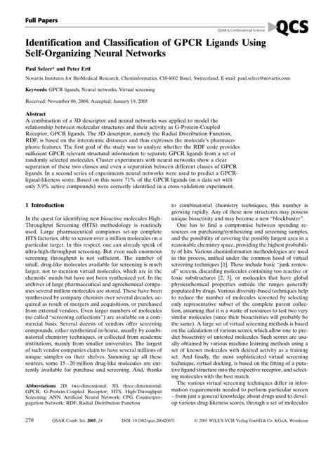 Pdf Identification And Classification Of Gpcr Ligands Using Self Organizing Neural Networks