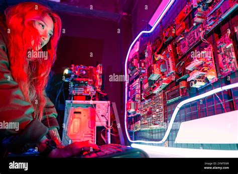 Asian Woman Wearing A Black Jacket Hacking Programming System Check