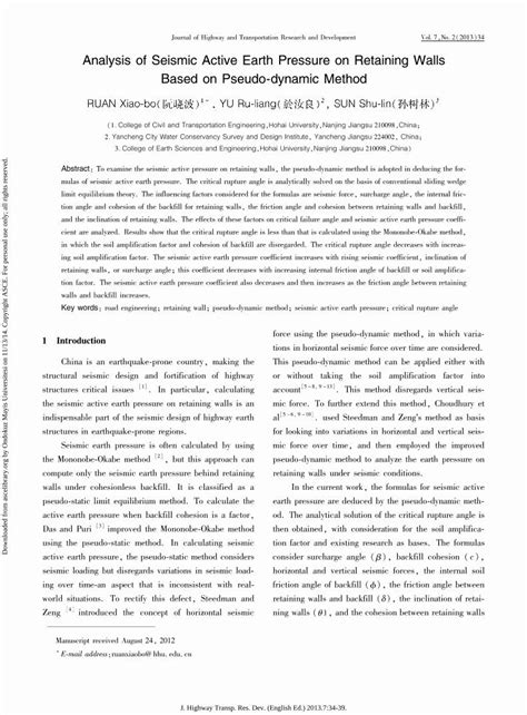 Pdf Analysis Of Seismic Active Earth Pressure On Retaining Walls