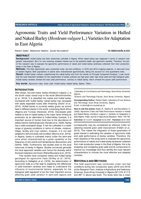 Pdf Agronomic Traits And Yield Performance Variation In Hulled And Naked Barley Hordeum