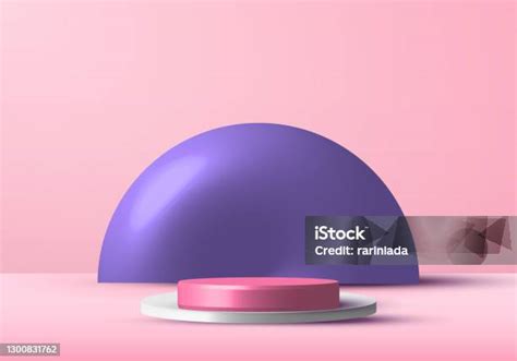 3d 사실적인 핑크와 화이트 렌더링 포디움 스튜디오 무대는 보라색 원 배경으로 디스플레이 쇼케이스 무대에 대한 스톡 벡터 아트