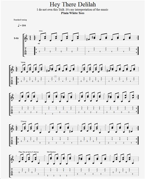 Guitar Tabs For Hey There Delilah Jab Paradise