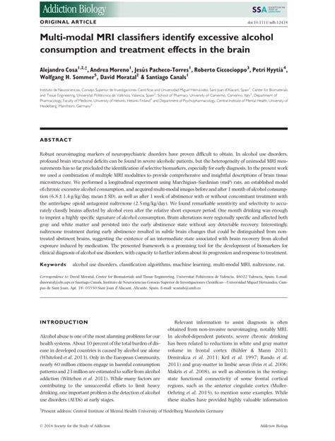 Pdf Multi Modal Mri Classifiers Identify Excessive Alcohol Consumption And Treatment Effects