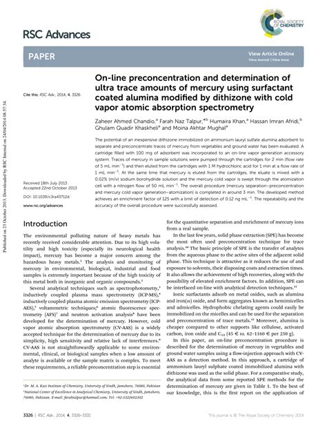 Pdf On Line Preconcentration And Determination Of Ultra Trace Amounts Of Mercury Using