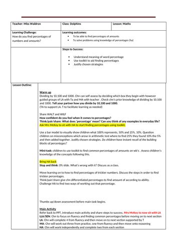 Year 6 Maths Planning Percentages Teaching Resources