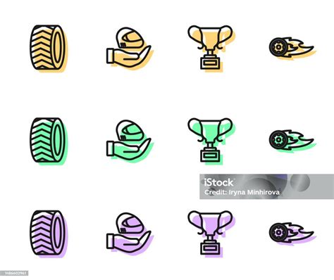 세트 라인 보너스 컵 자동차 타이어 휠 레이싱 헬멧 및 휠 화재 불꽃 아이콘 벡터 1위에 대한 스톡 벡터 아트 및 기타 이미지 1위 검은색 교통 Istock
