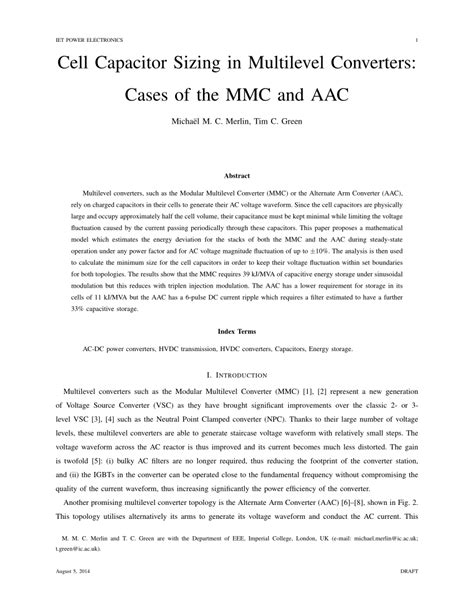 Pdf Cell Capacitor Sizing In Multilevel Converters Cases Of The Modular Multilevel Converter