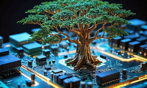 Natural Eco Friendly Tree And Computer Technology On An Abstract High Tech Futuristic Background