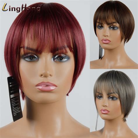 Linghang Short Brown Black Straight Wig Pixie Hair Grandado