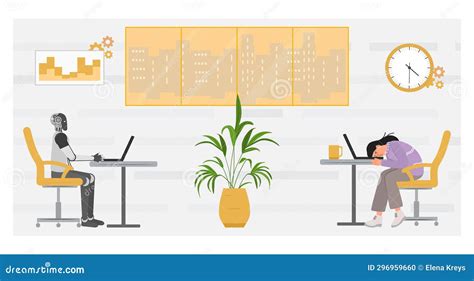 New Robot On Workplace And The Boss Fire The Employee Business People Characters And Signs In