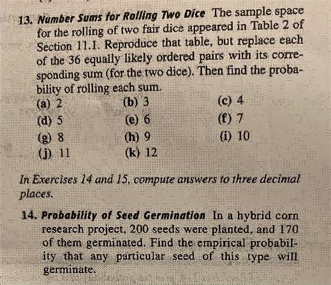 Solved 13 Number Sums For Rolling Two Dice The Sample Space