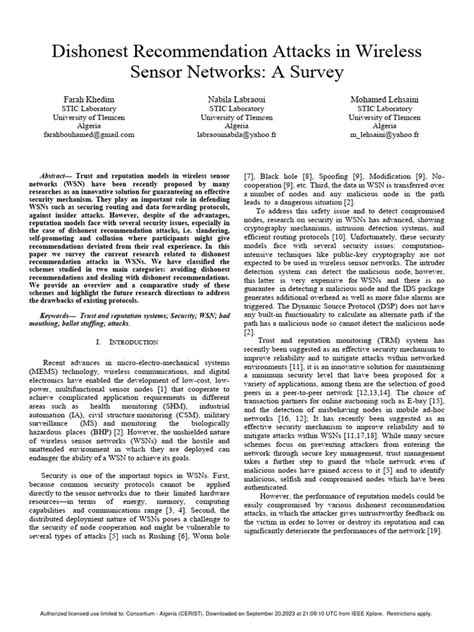 Dishonest Recommendation Attacks In Wireless Sensor Networks A Survey Pdf