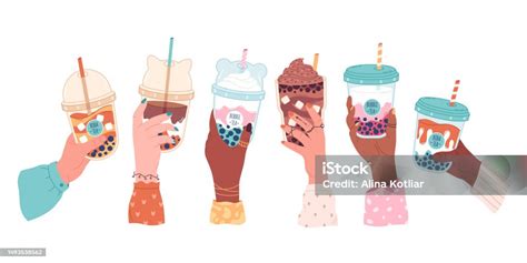 타피오카 펄이 든 버블티컵을 들고 있는 손 보바 차 대만 음료 여름 차가운 음료 손으로 그린 벡터 그림 스무디에 대한 스톡 벡터 아트 및 기타 이미지 Istock