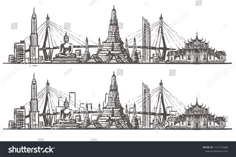 방콕 스카이라인 태국 빈티지 벡터 일러스트레이션 스톡 벡터로열티 프리 1127152688 Shutterstock